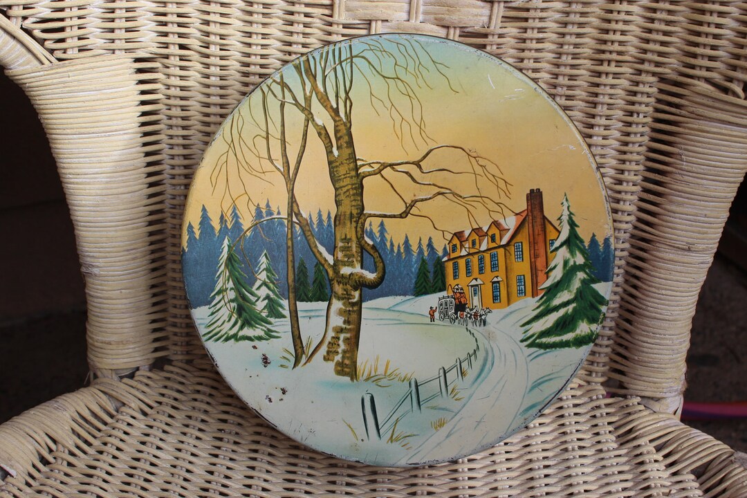 Vintage Round Tin Box Winter in the Country Carriage Snow Nature ...