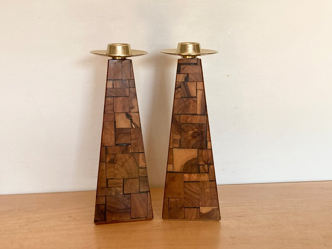 MCM Pair Wood Triangular Candle Holders - Etsy