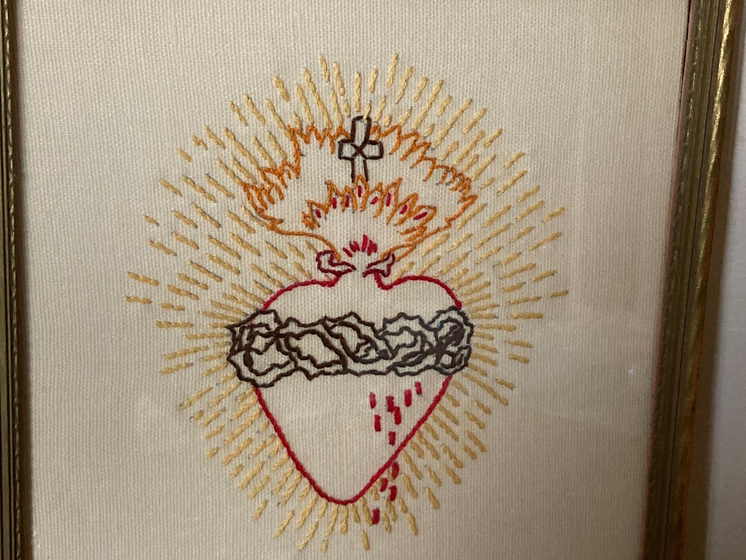 IHS Sacred Heart Embroidered Picture 7.25W X 8.8t Framed Handmade ...