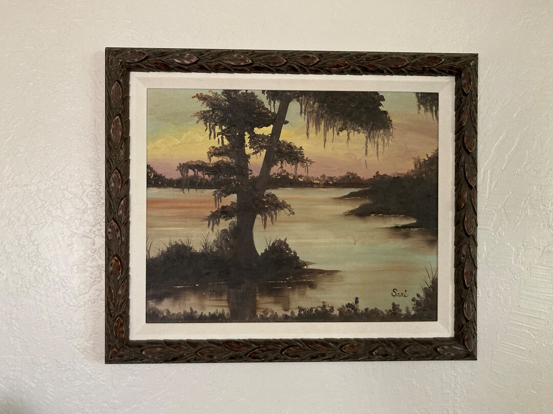 Southern Swamp 24.5 Painting Carved Leaves Frame Signed Sari Sunset ...