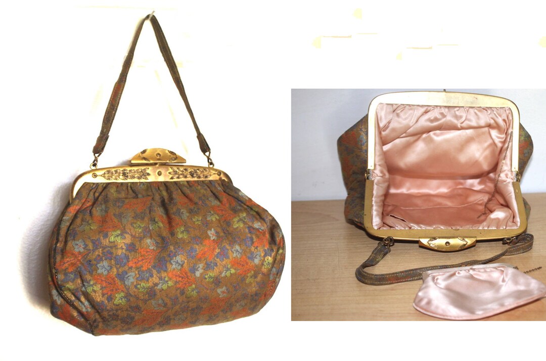 1940s Metallic Sheen Purse Clutch W/ Handle & Change Purse - Fabric ...