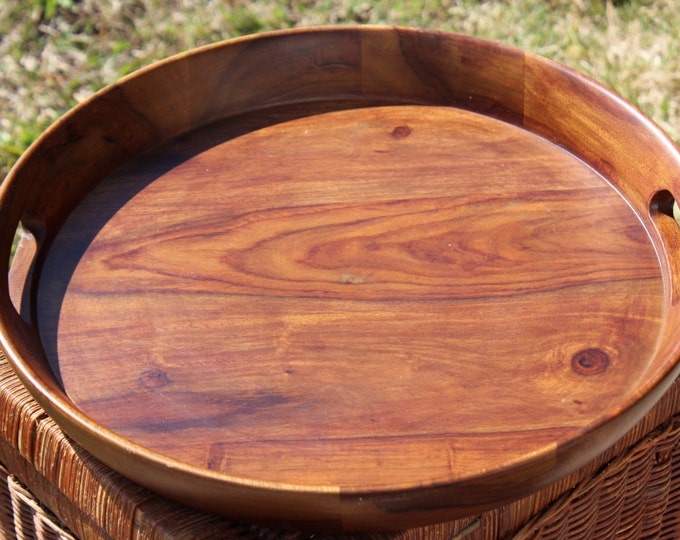 Large Round Walnut Serving Tray - Handmade Vintage With Handles - Etsy