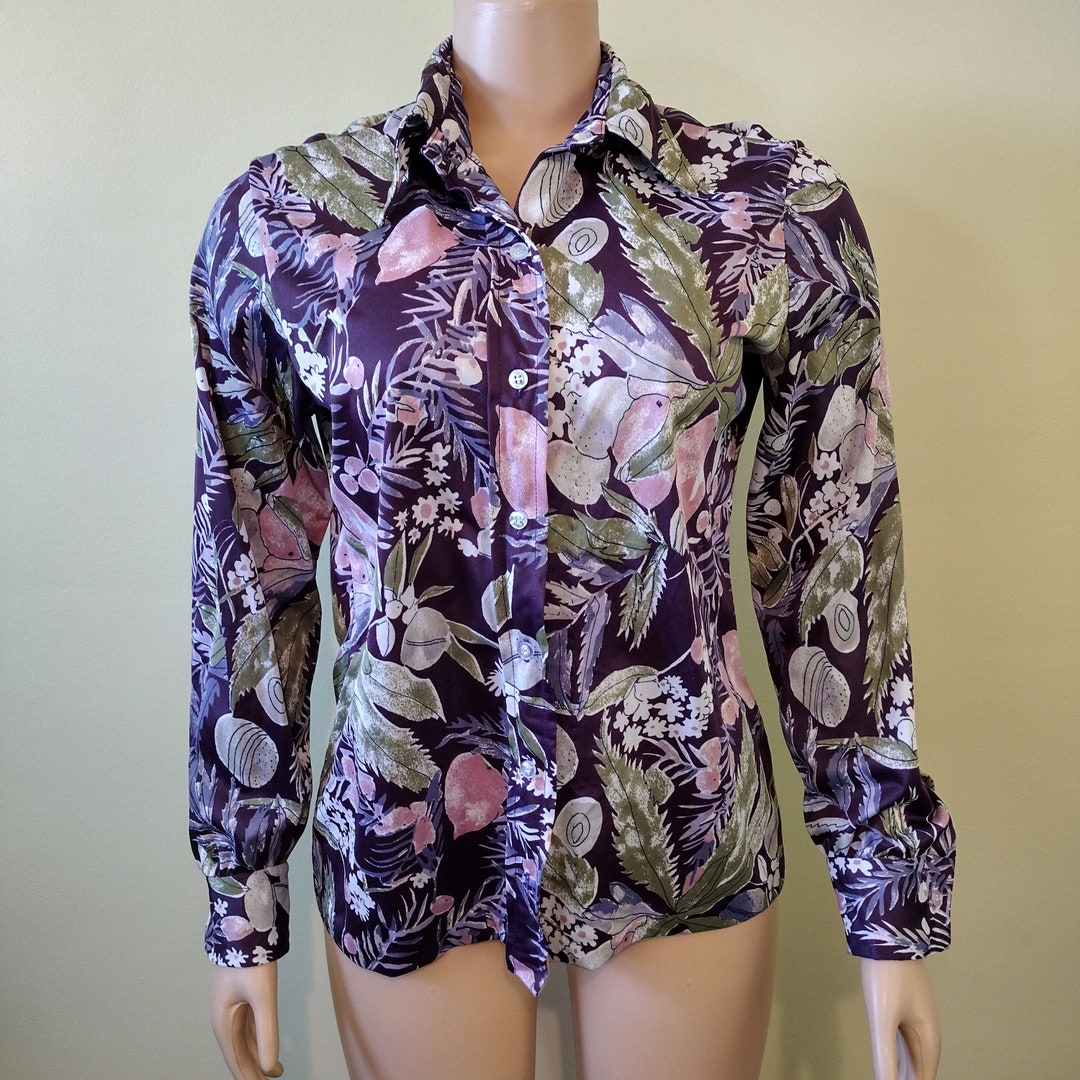 Vintage 1970s Vera Neumann Purple Floral Print Button Down Blouse ...