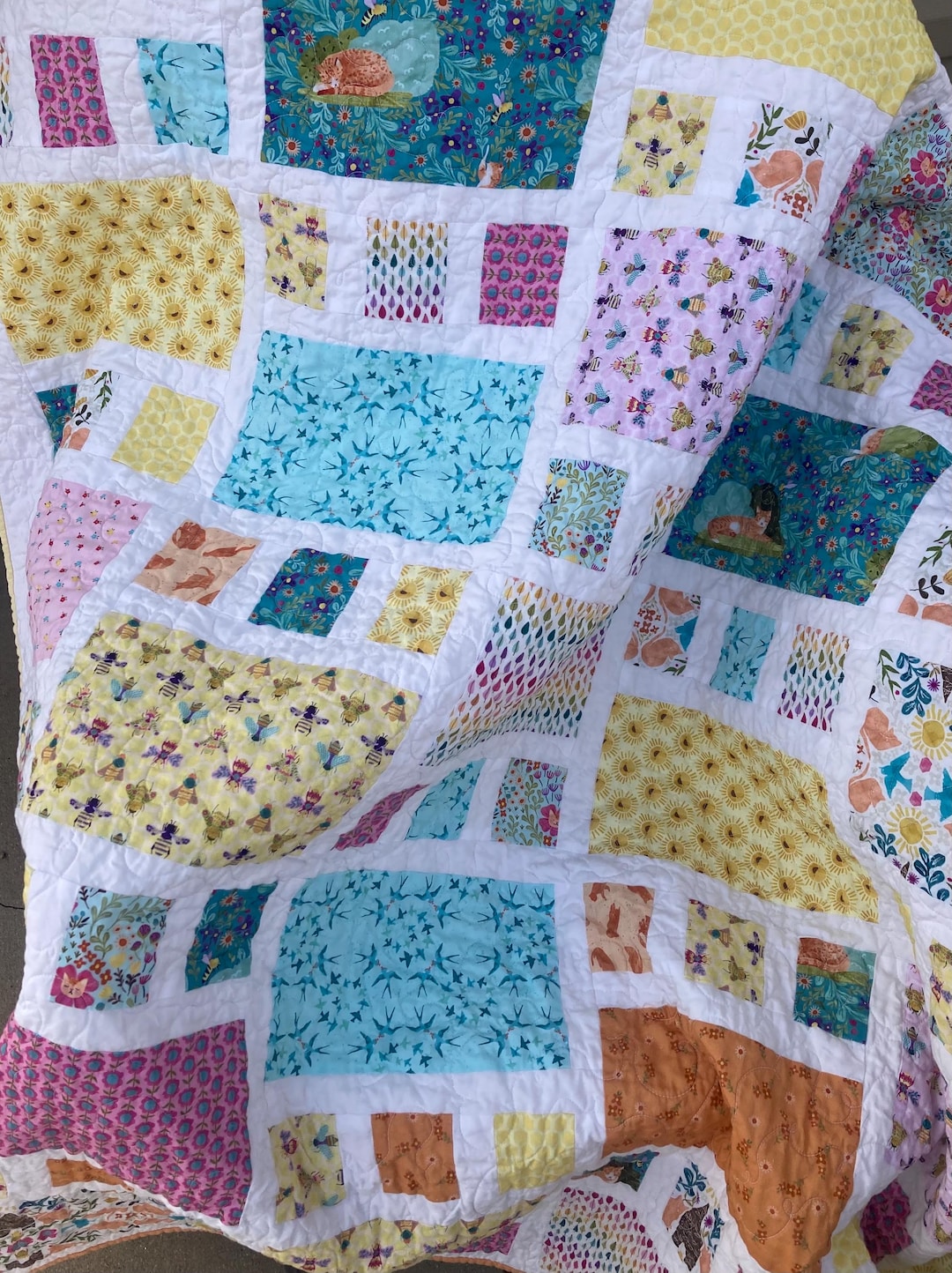Curious Garden Whimsical Patchwork Twin Quilt - One of a Kind - Etsy