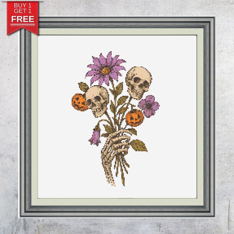 Skeleton Hand Cross Stitch Pattern: Gothic Halloween Skull Bouquet (PDF ...