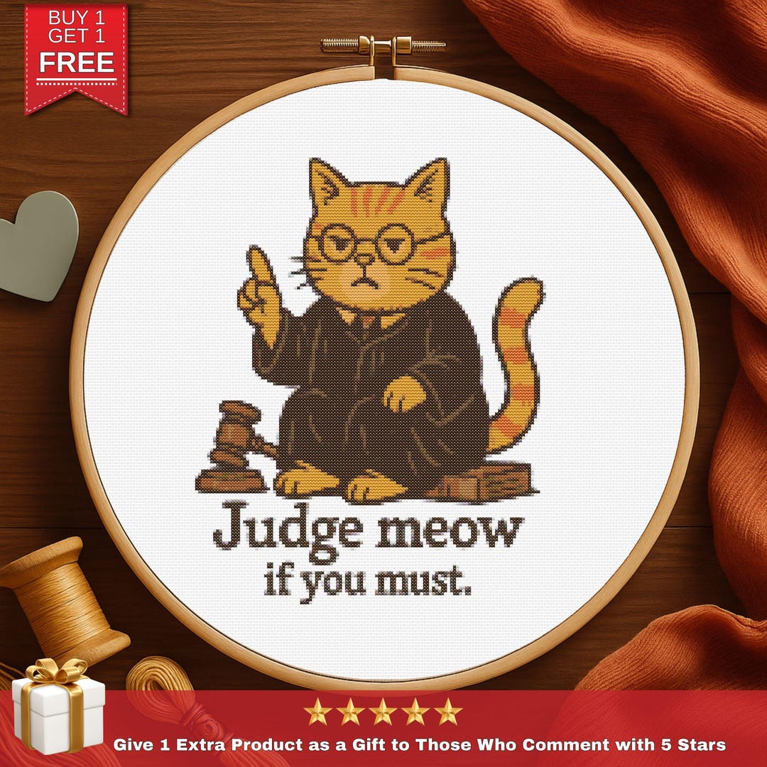 Funny Cat Cross Stitch Pattern: Judge Meow Pun Embroidery (digital ...