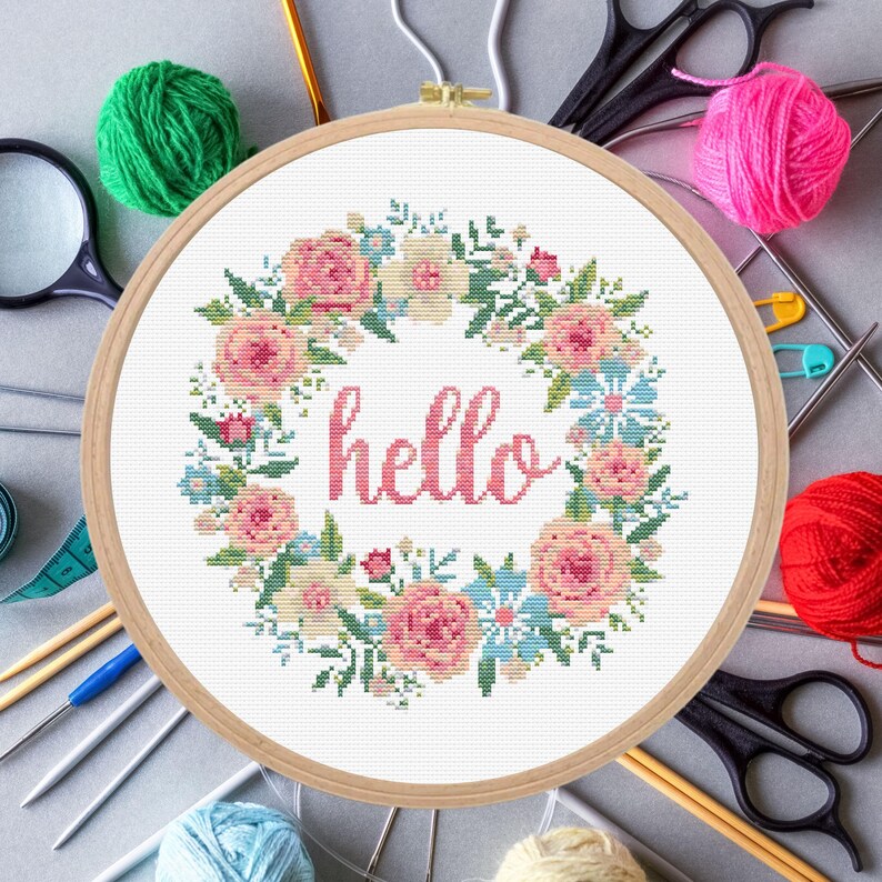 Floral Hello Wreath Cross Stitch Pattern (PDF Download) - Etsy