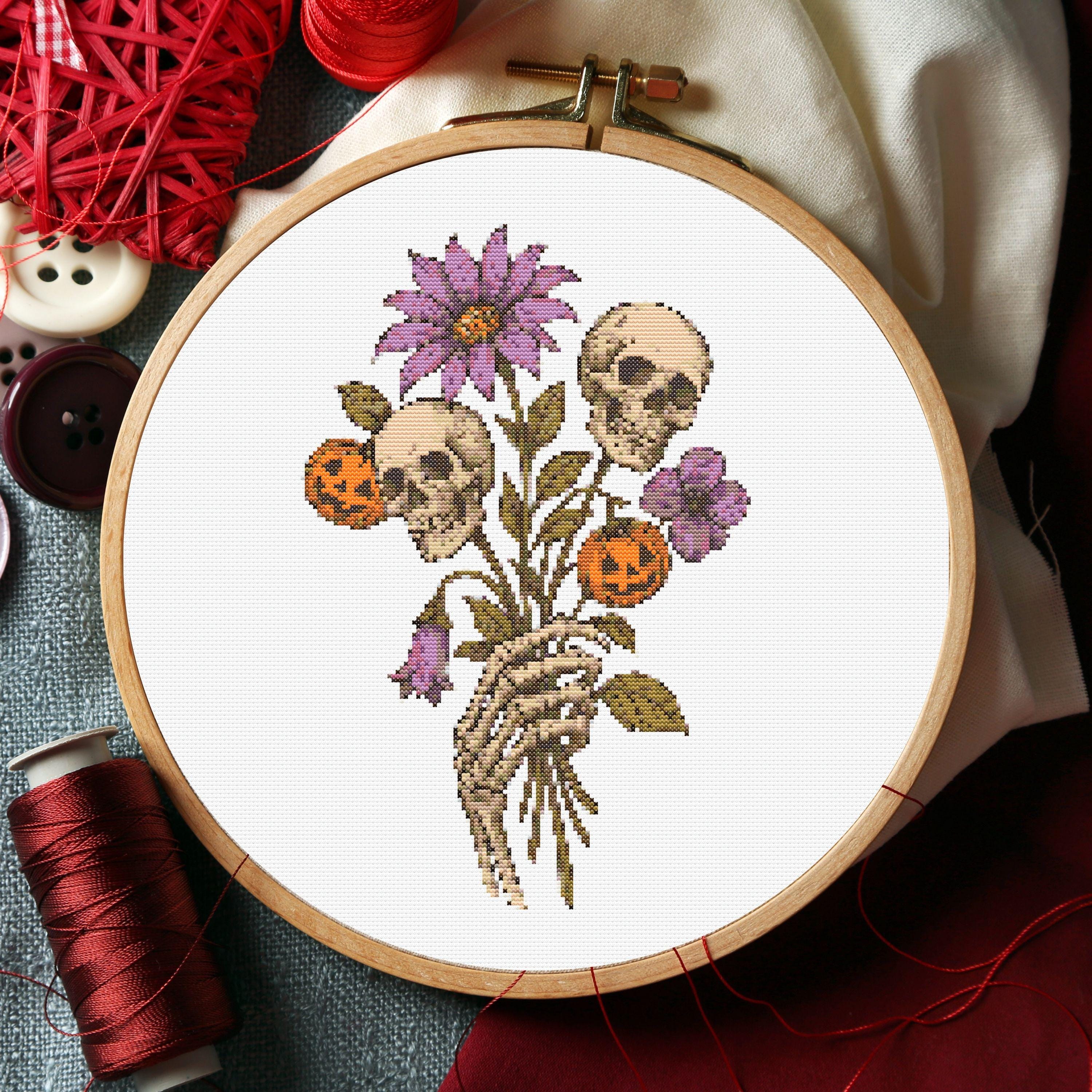 Skeleton Hand Cross Stitch Pattern: Gothic Halloween Skull Bouquet (PDF ...
