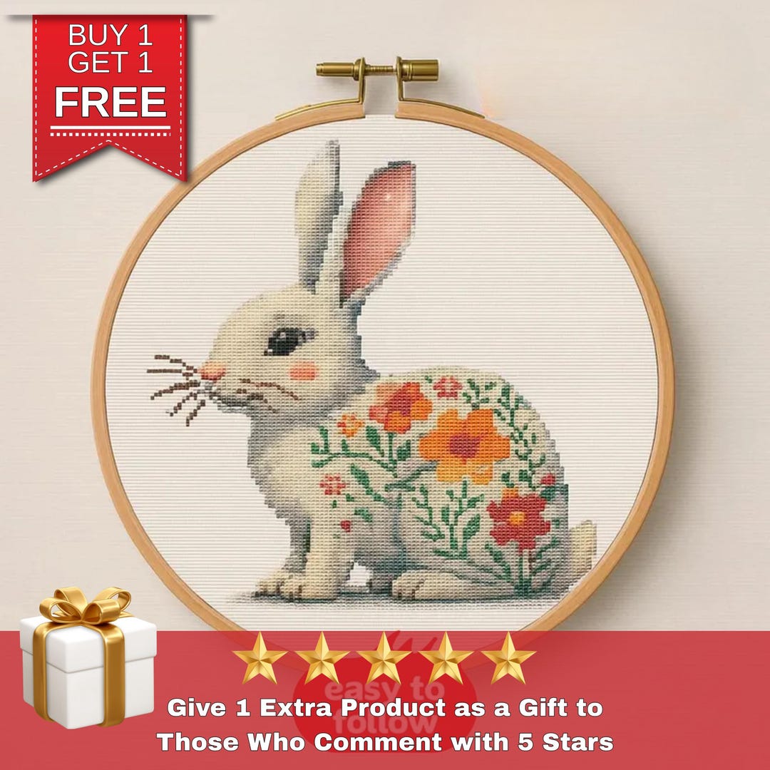 Flower Spring Rabbit Cross Stitch Pattern PDF, Floral Bunny Cottagecore ...