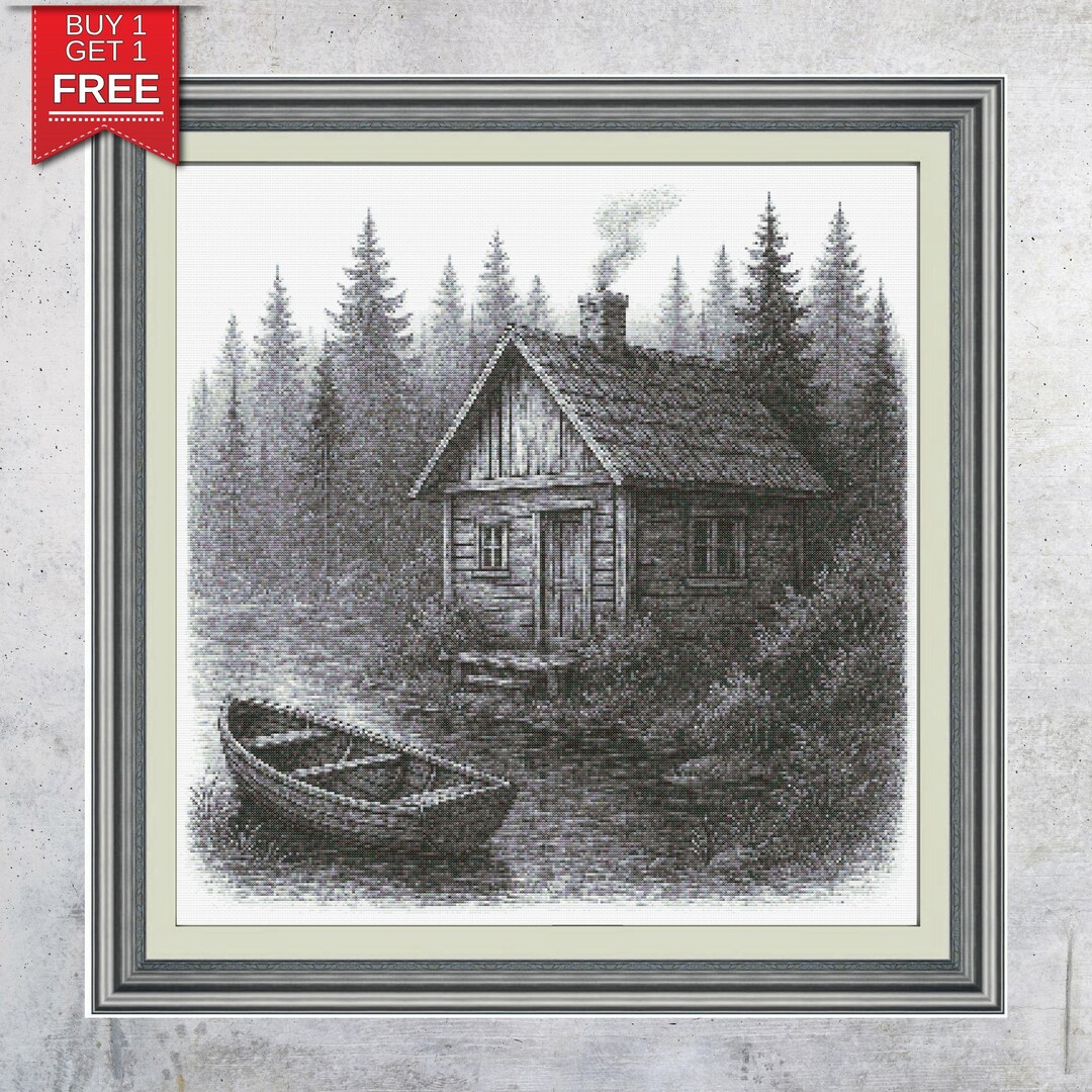 Swamp Hut Cross Stitch Pattern: Monochrome Landscape Embroidery (PDF ...
