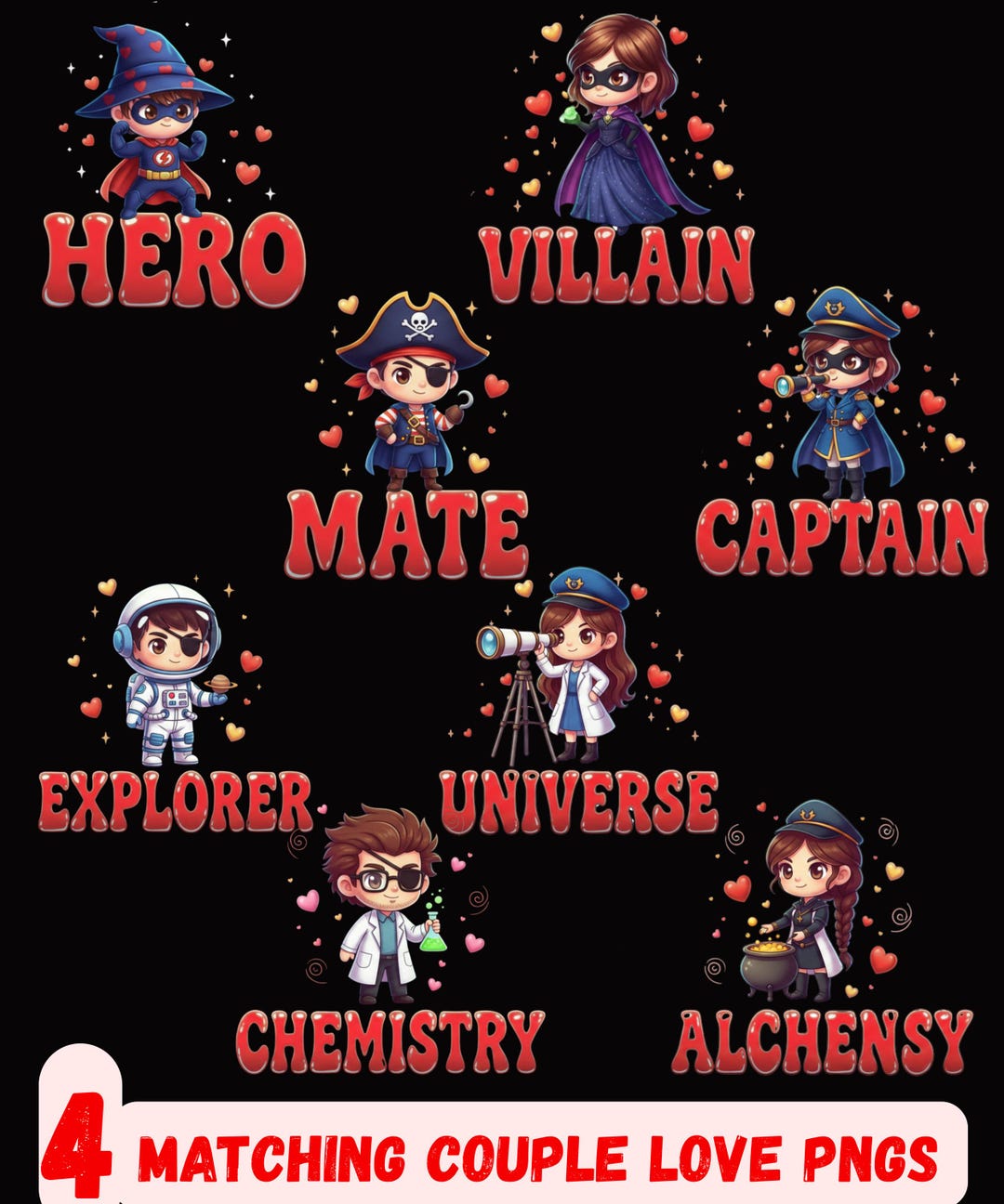 Valentine Matching Couple PNG Bundle: Hero Villain Love Mate Captain ...