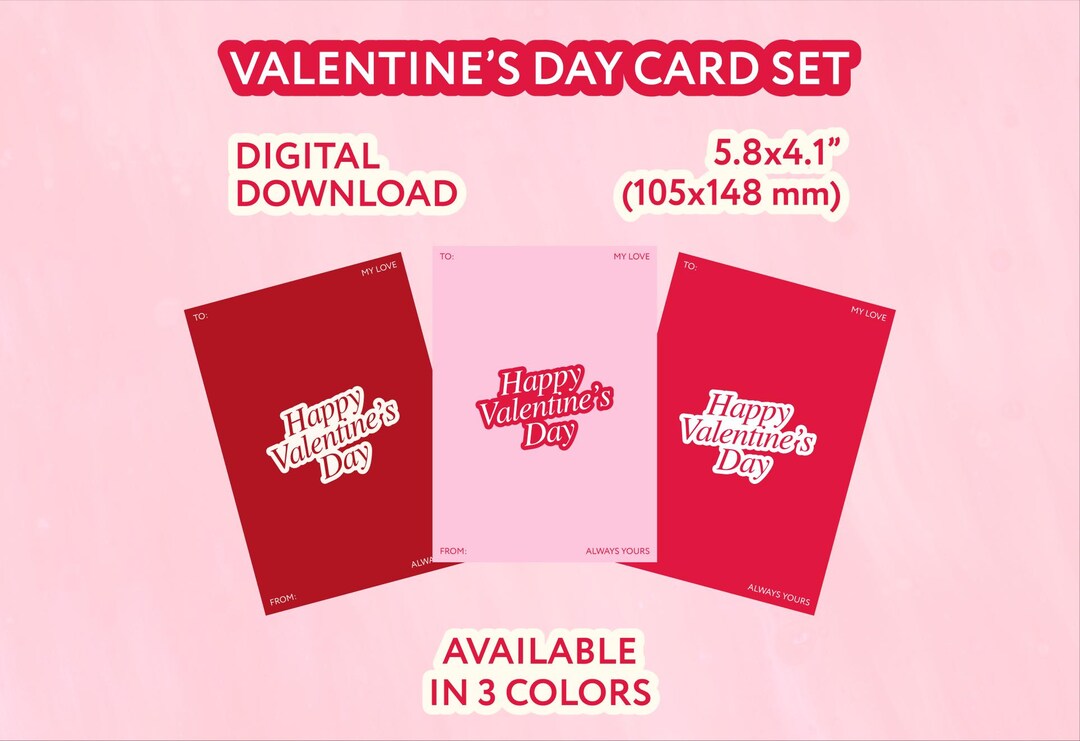 Valentines Day Card Set Minimal Printable Postcards in Red & Pink - Etsy