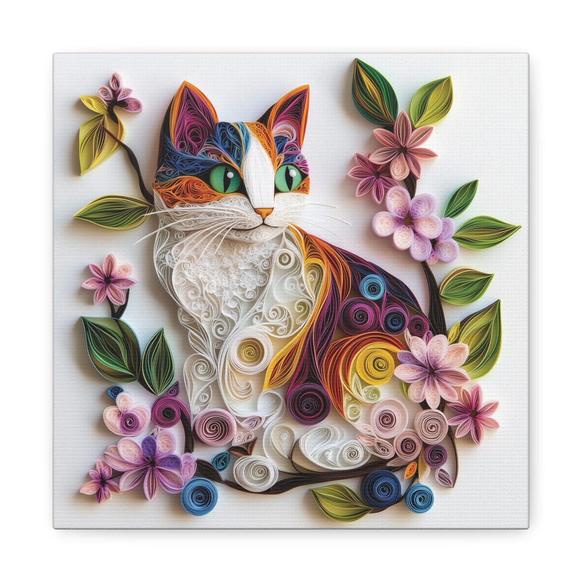 Floral Cat, Paper Quilling Artwork of a Feline Among Blossoms, Quilled ...