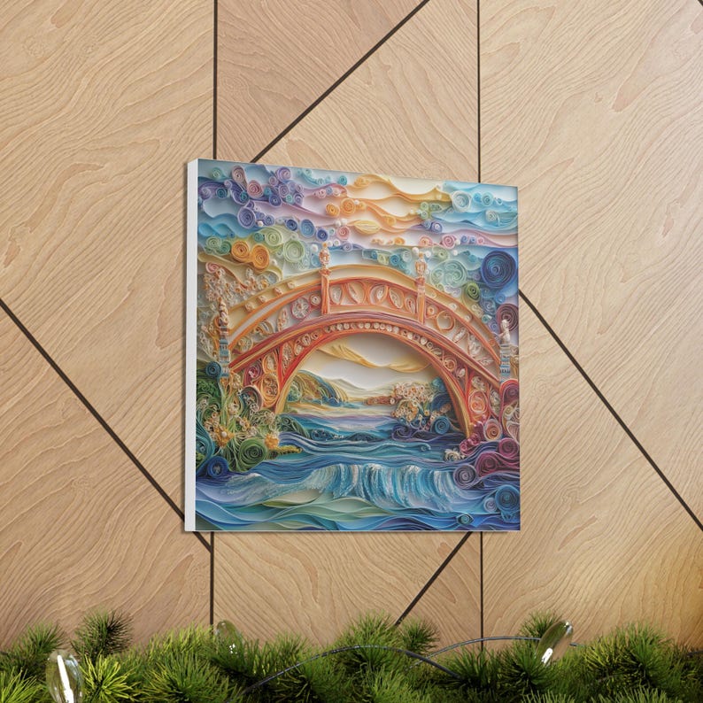 Serene Bridge, Paper Quilling Artwork of an Arching Bridge Over Flowing ...