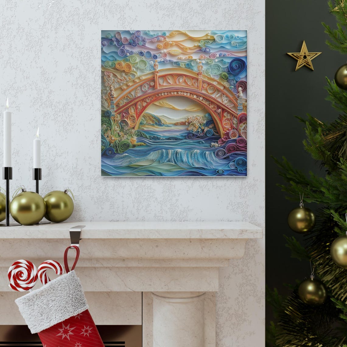 Serene Bridge, Paper Quilling Artwork of an Arching Bridge Over Flowing ...