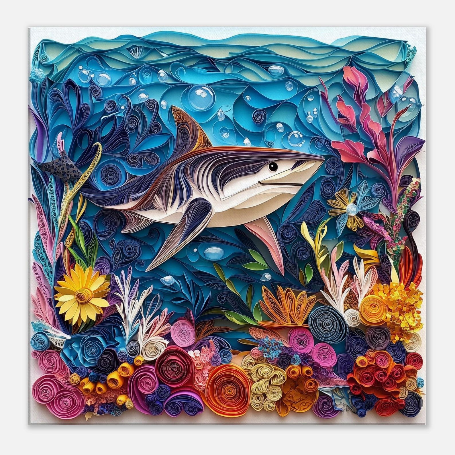 Ocean Predator, Paper Quilling Artwork of a Shark in a Vibrant Coral ...