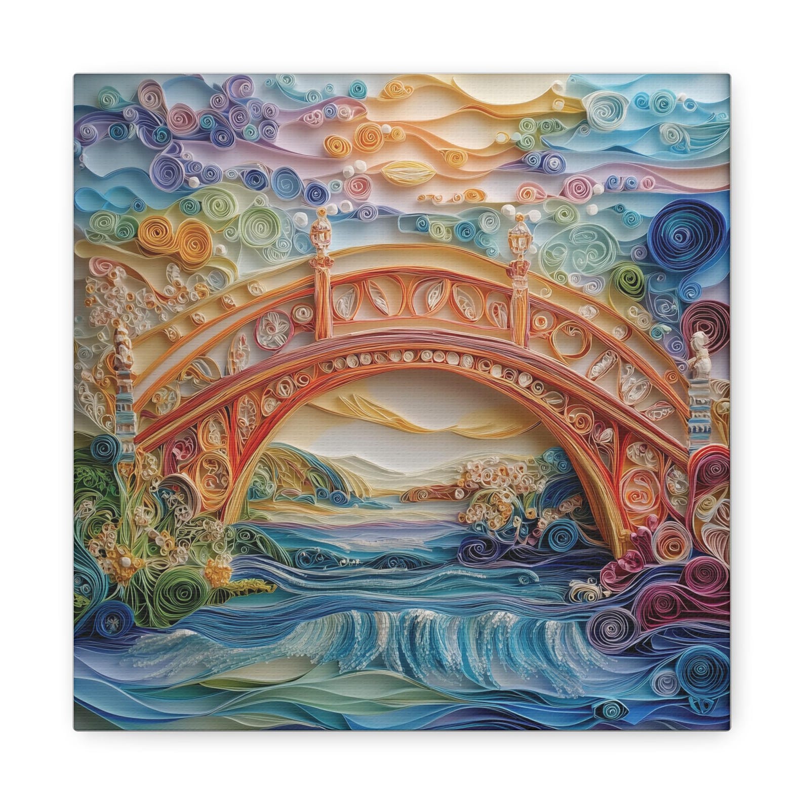 Serene Bridge, Paper Quilling Artwork of an Arching Bridge Over Flowing ...