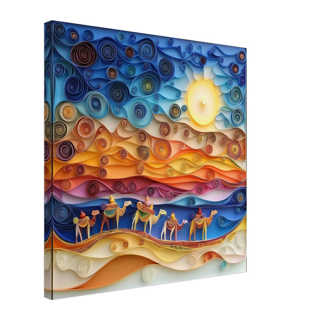 Desert Caravan, Paper Quilling Artwork of Camels in a Vibrant Sunset ...