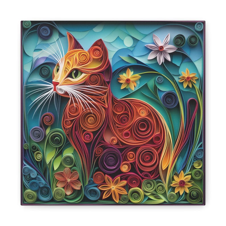 Garden Cat, Paper Quilling Artwork of a Vibrant Feline Amidst Flowers ...