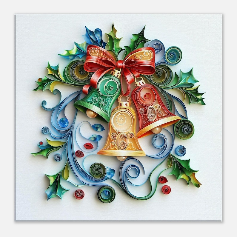 Christmas Bells, Paper Quilling Artwork of Colorful Bells and Holly ...