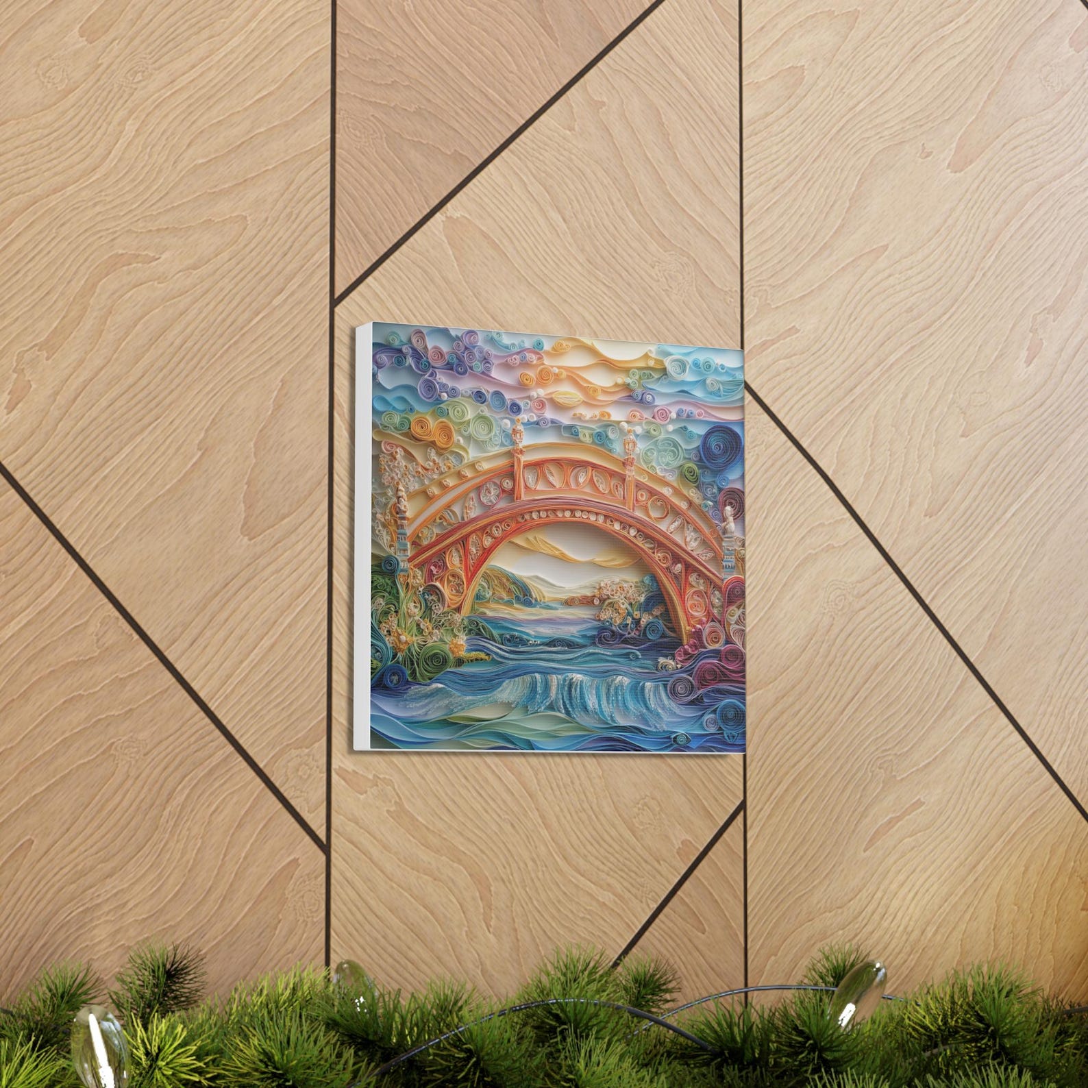 Serene Bridge, Paper Quilling Artwork of an Arching Bridge Over Flowing ...