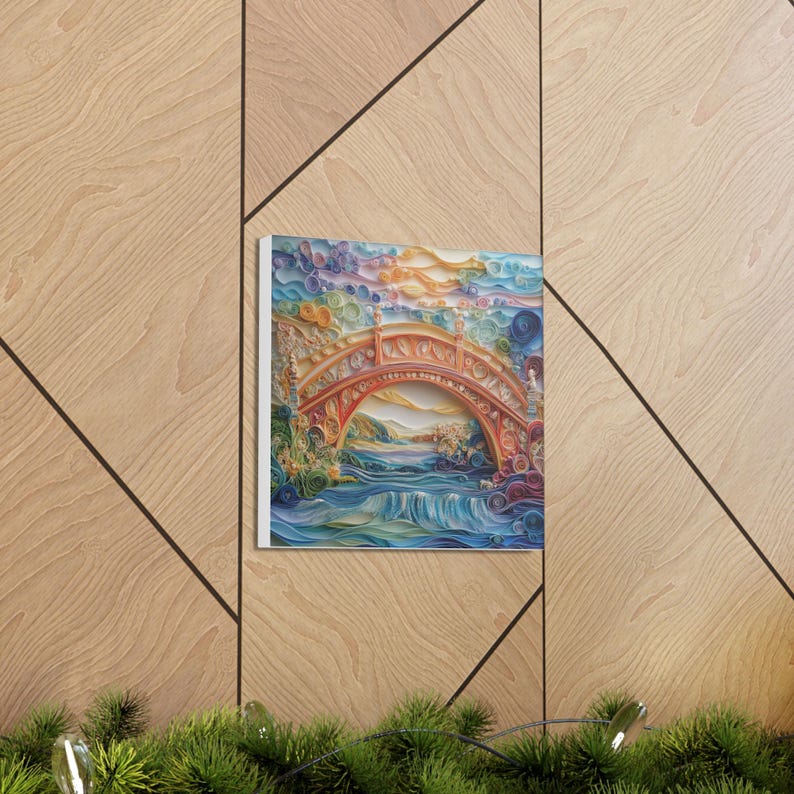 Serene Bridge, Paper Quilling Artwork of an Arching Bridge Over Flowing ...