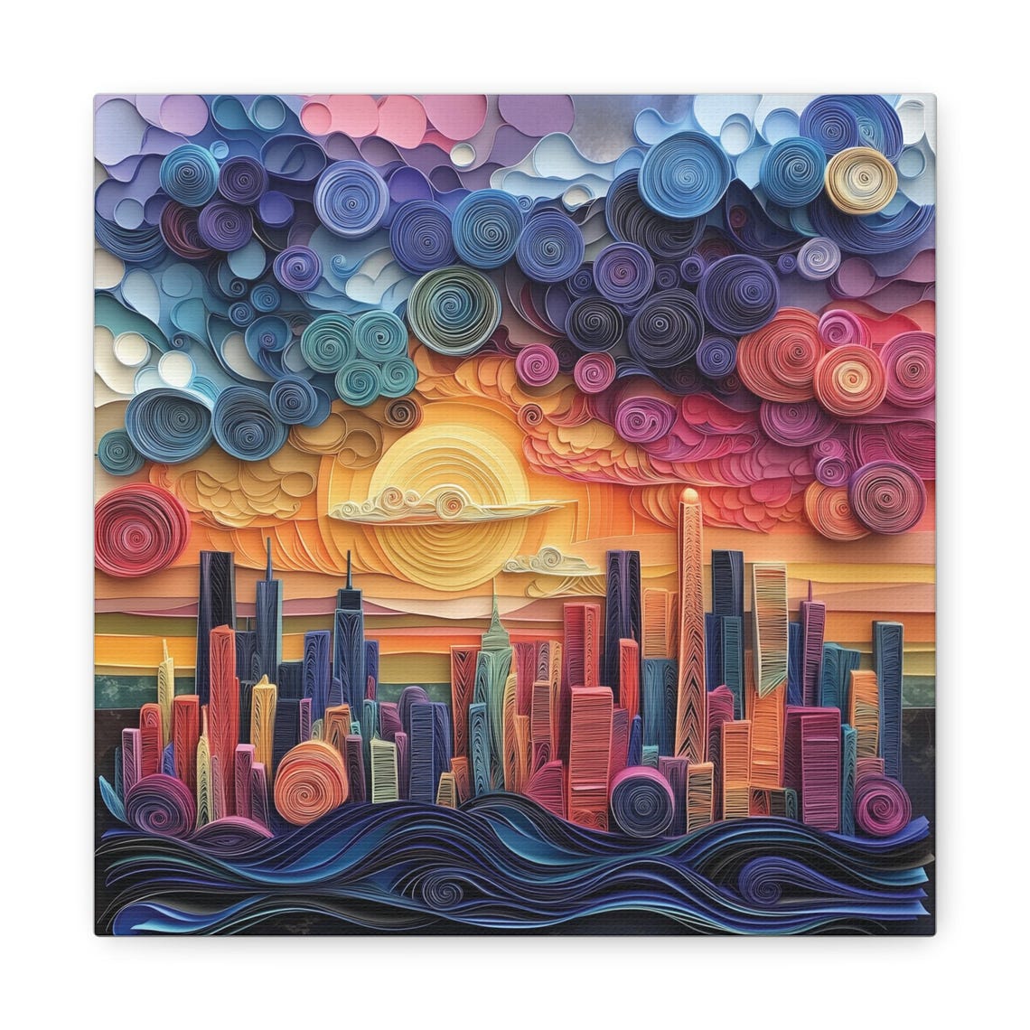 Radiant Cityscape, Paper Quilling Artwork of a Skyline at Sunset ...