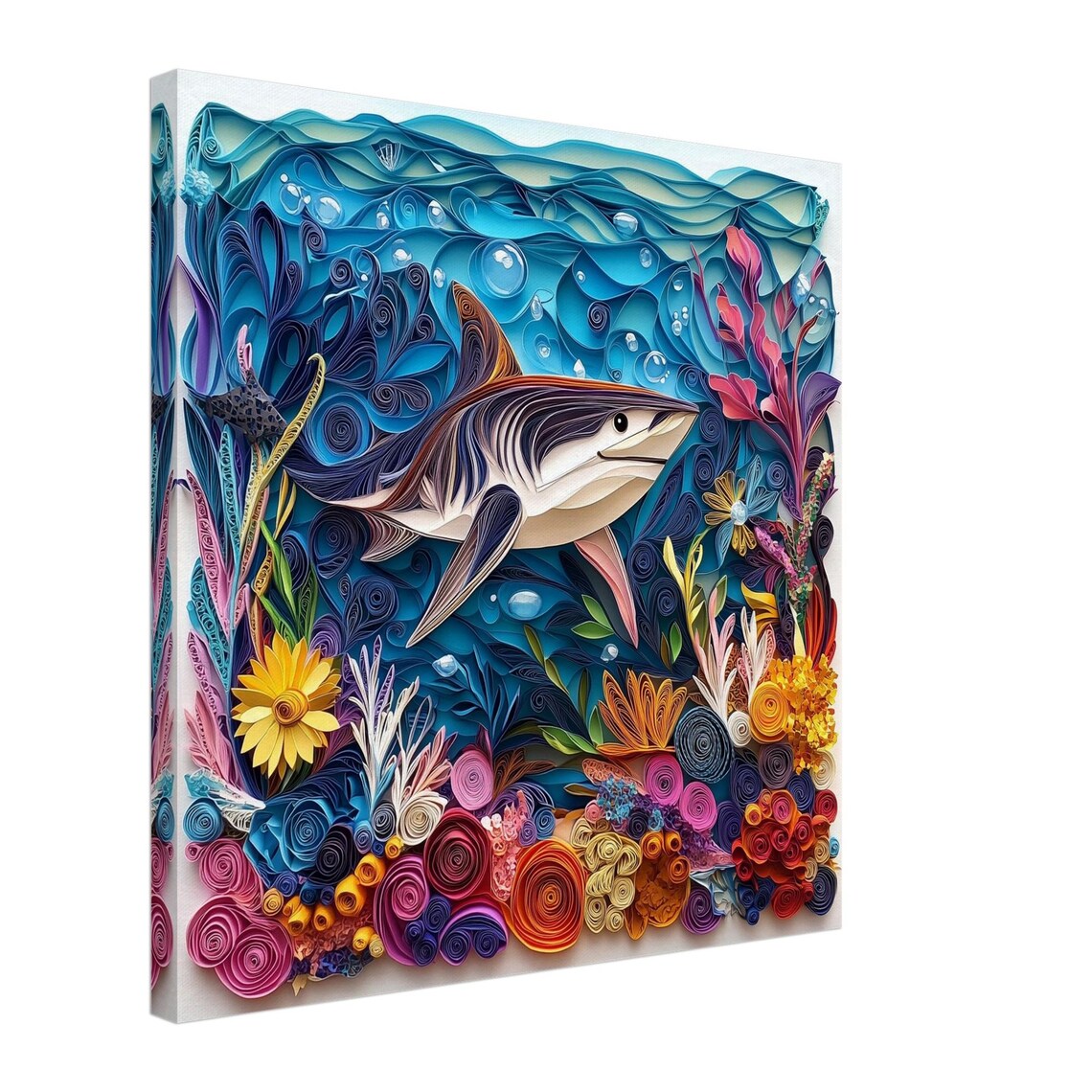 Ocean Predator, Paper Quilling Artwork of a Shark in a Vibrant Coral ...