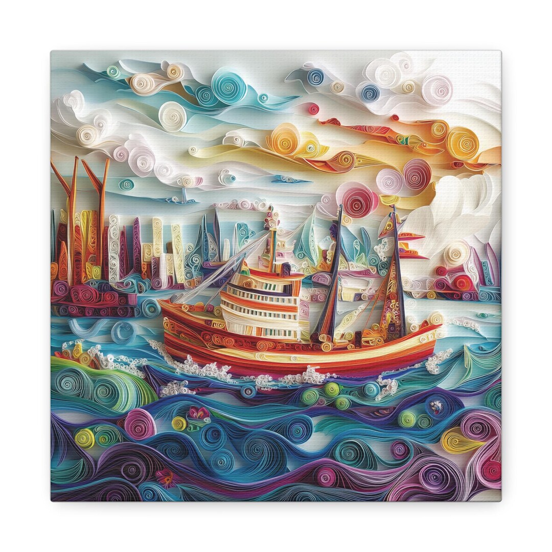 Harbor Serenity, Paper Quilling Artwork of a Colorful Ship and Waves ...