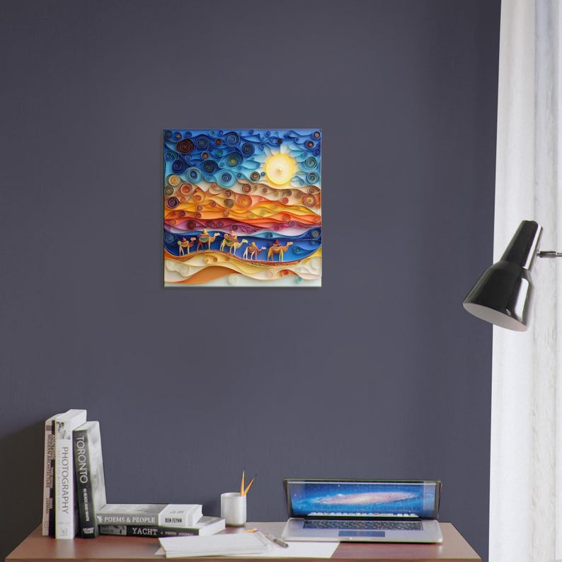 Desert Caravan, Paper Quilling Artwork of Camels in a Vibrant Sunset ...