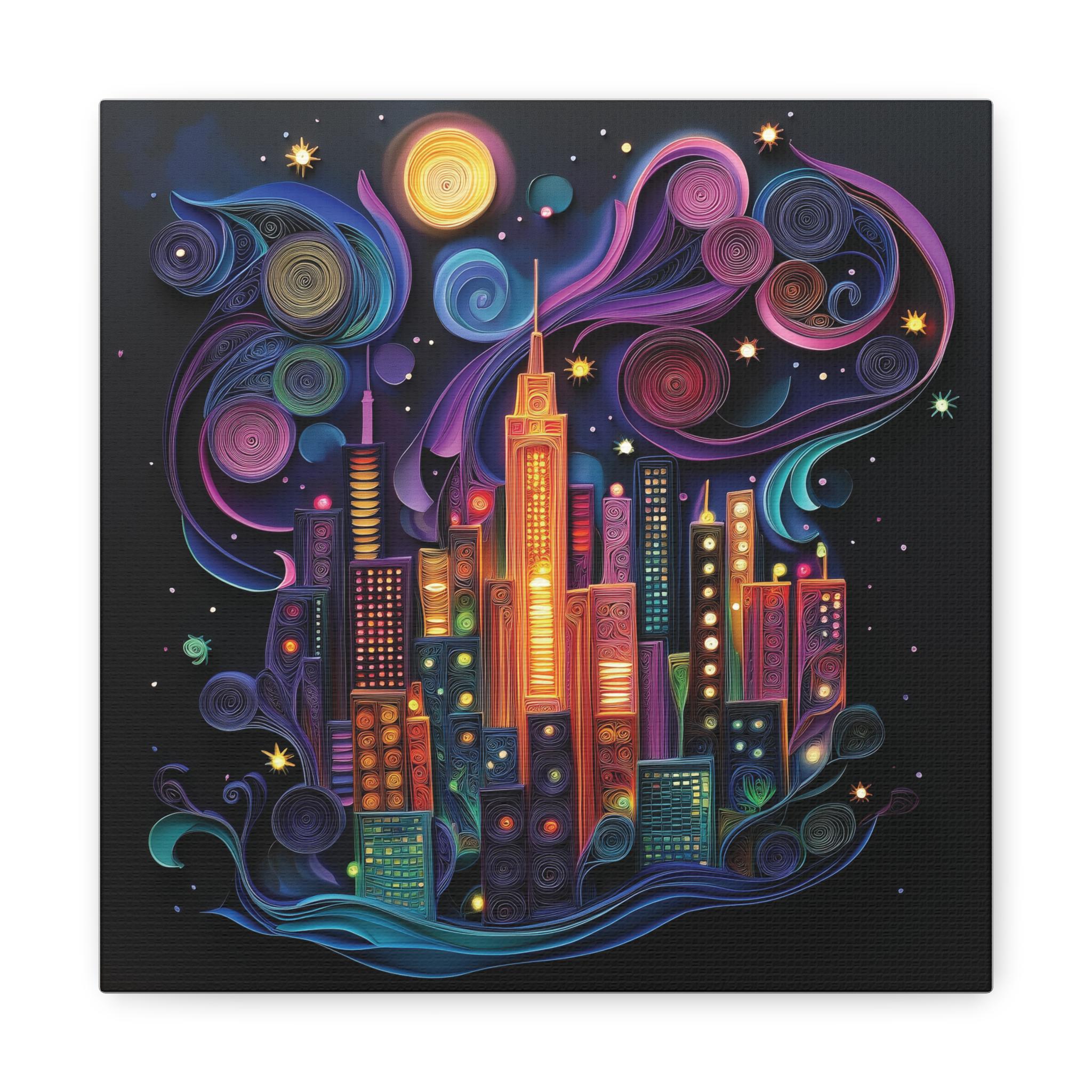 Vibrant Cityscape, Paper Quilling Artwork of a Radiant Night Skyline ...