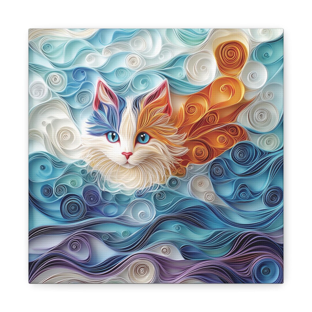 Oceanic Cat, Paper Quilling Artwork of a Feline in a Flowing Water ...