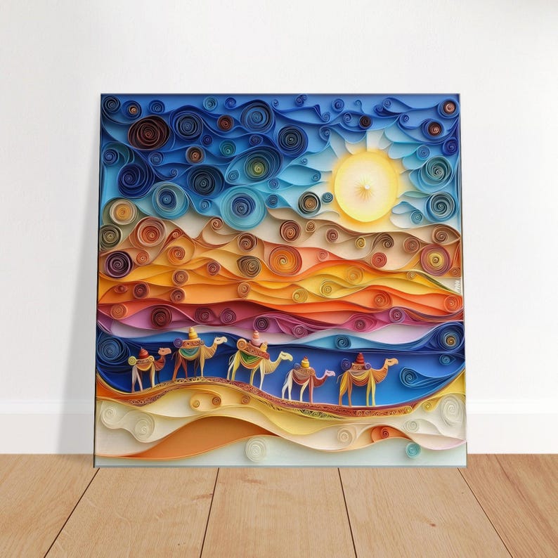 Desert Caravan, Paper Quilling Artwork of Camels in a Vibrant Sunset ...
