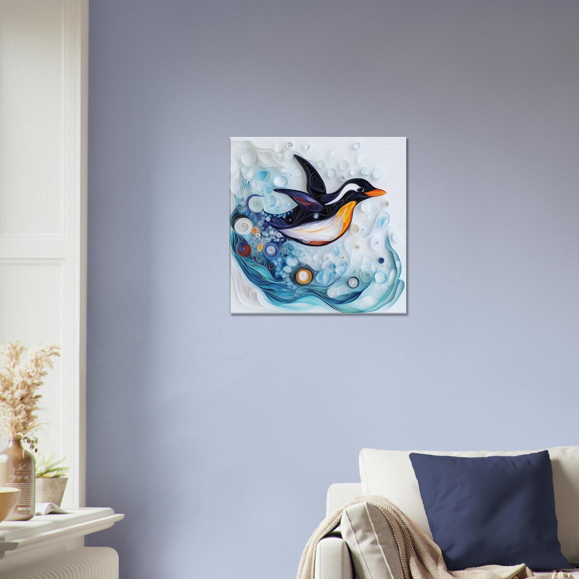 Penguin in Flight, Paper Quilling Artwork of a Penguin and Ocean Waves ...