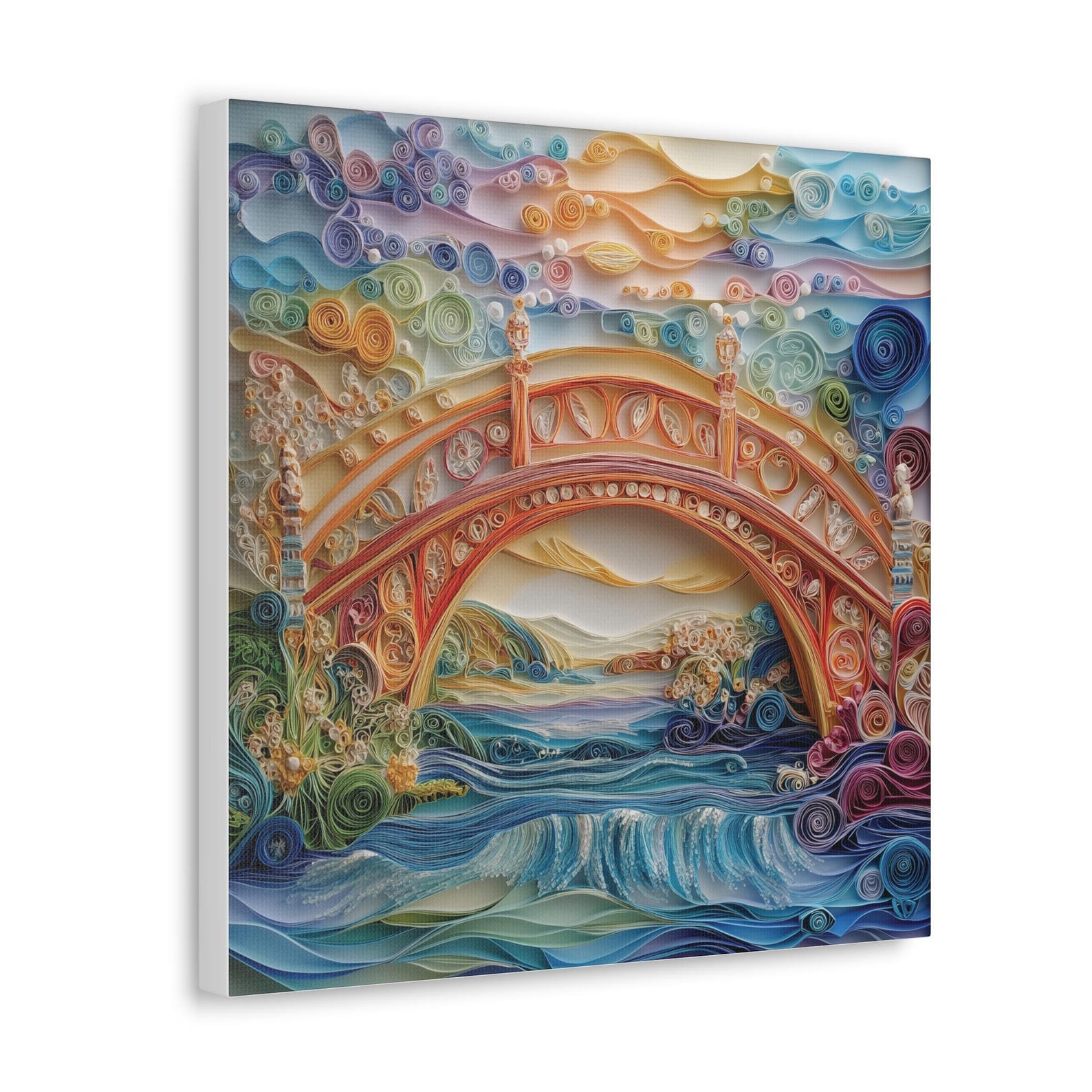Serene Bridge, Paper Quilling Artwork of an Arching Bridge Over Flowing ...