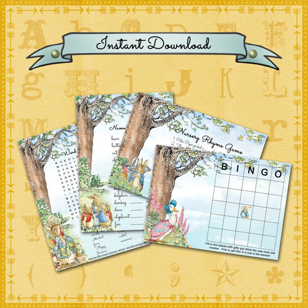 Baby Shower Games / PETER RABBIT / Bunny / Word Search, Bingo, Nursery ...