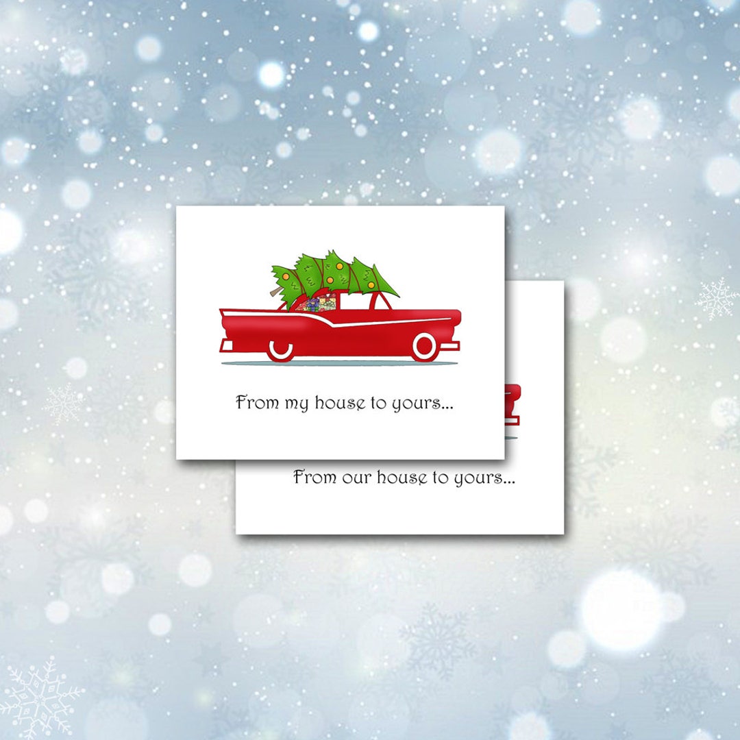 Retro Red Car Christmas Card / My House to Your House / Xmas Tree Gifts ...