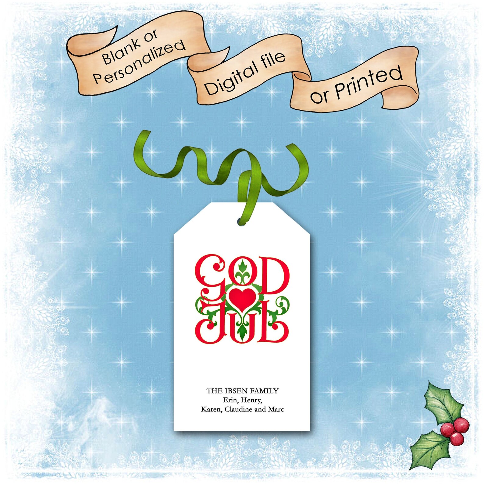 God Jul Personalized Tags, Large 3"x5" Gift Tag, Scandinavian Nordic ...