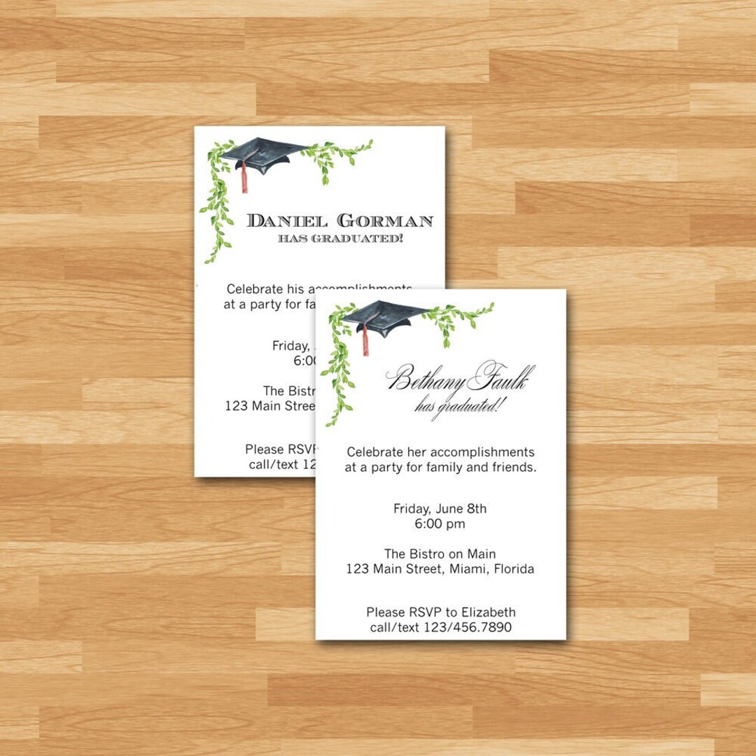 Graduation Invitation / Watercolor Laurel Leaves & Grad Cap / Custom ...