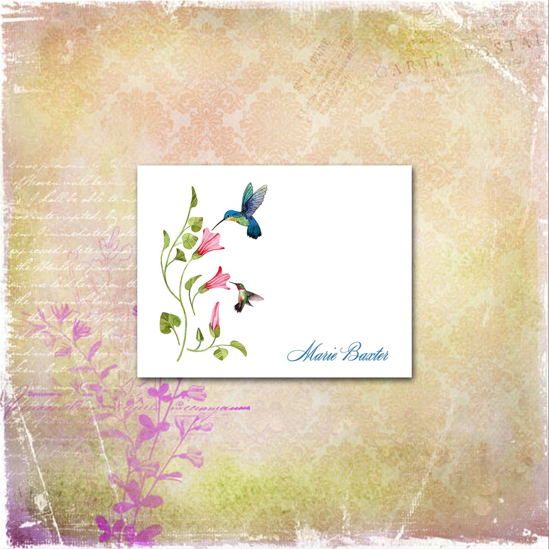 Hummingbird Note Cards, Personalized, Pink Trumpet Flowers, Native ...