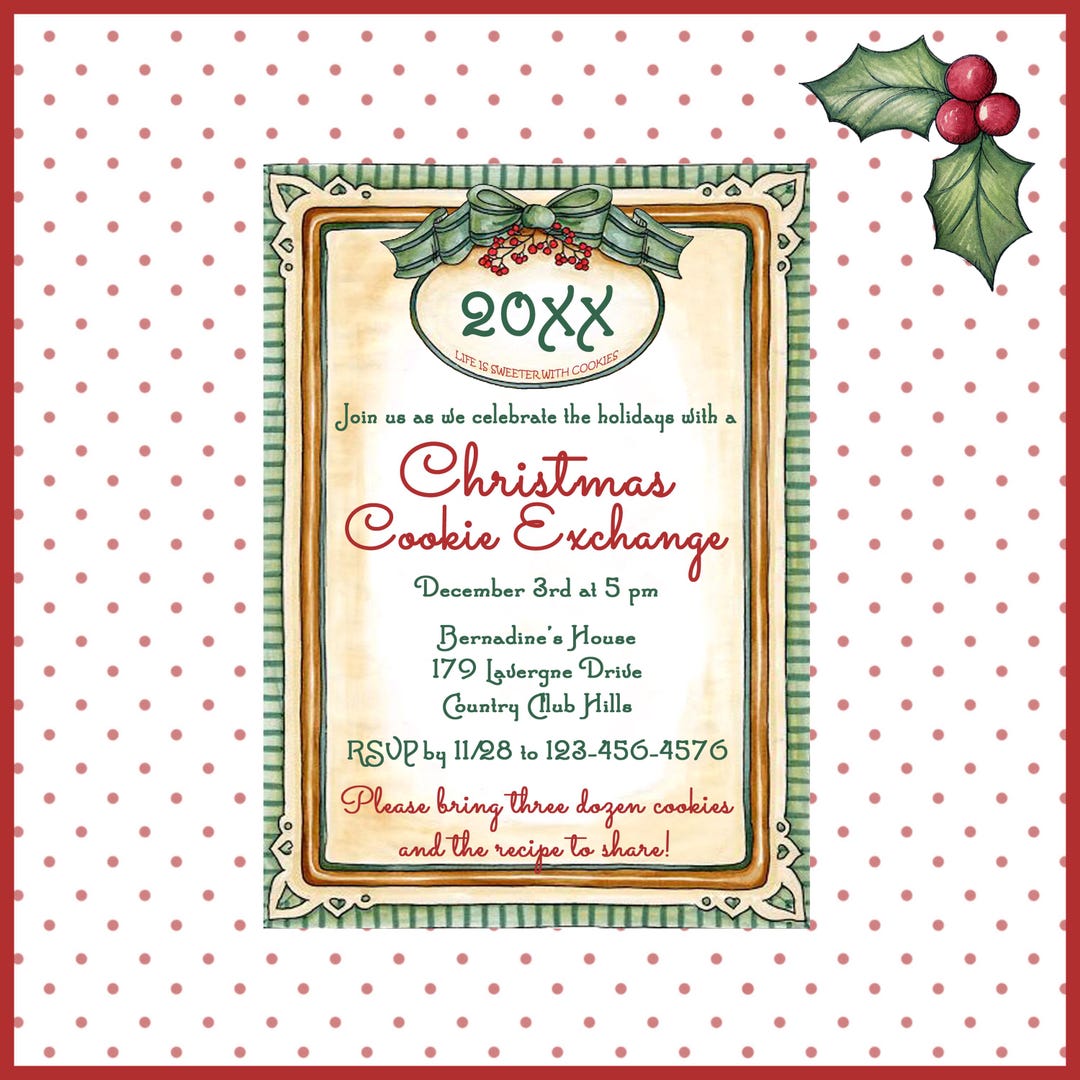 Cookie Swap Invitation With Matching Recipe Cards / Green, Lace, Bow ...