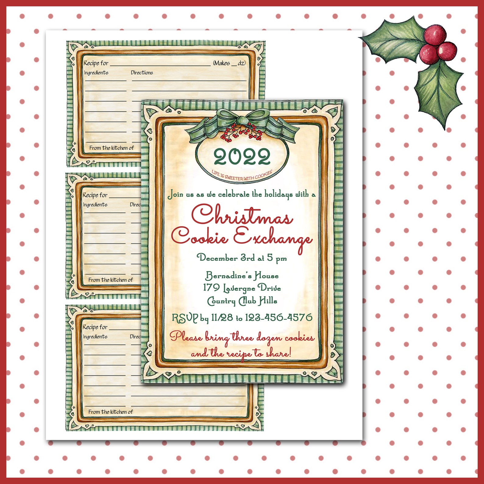 Cookie Swap Invitation With Matching Recipe Cards / Green - Etsy