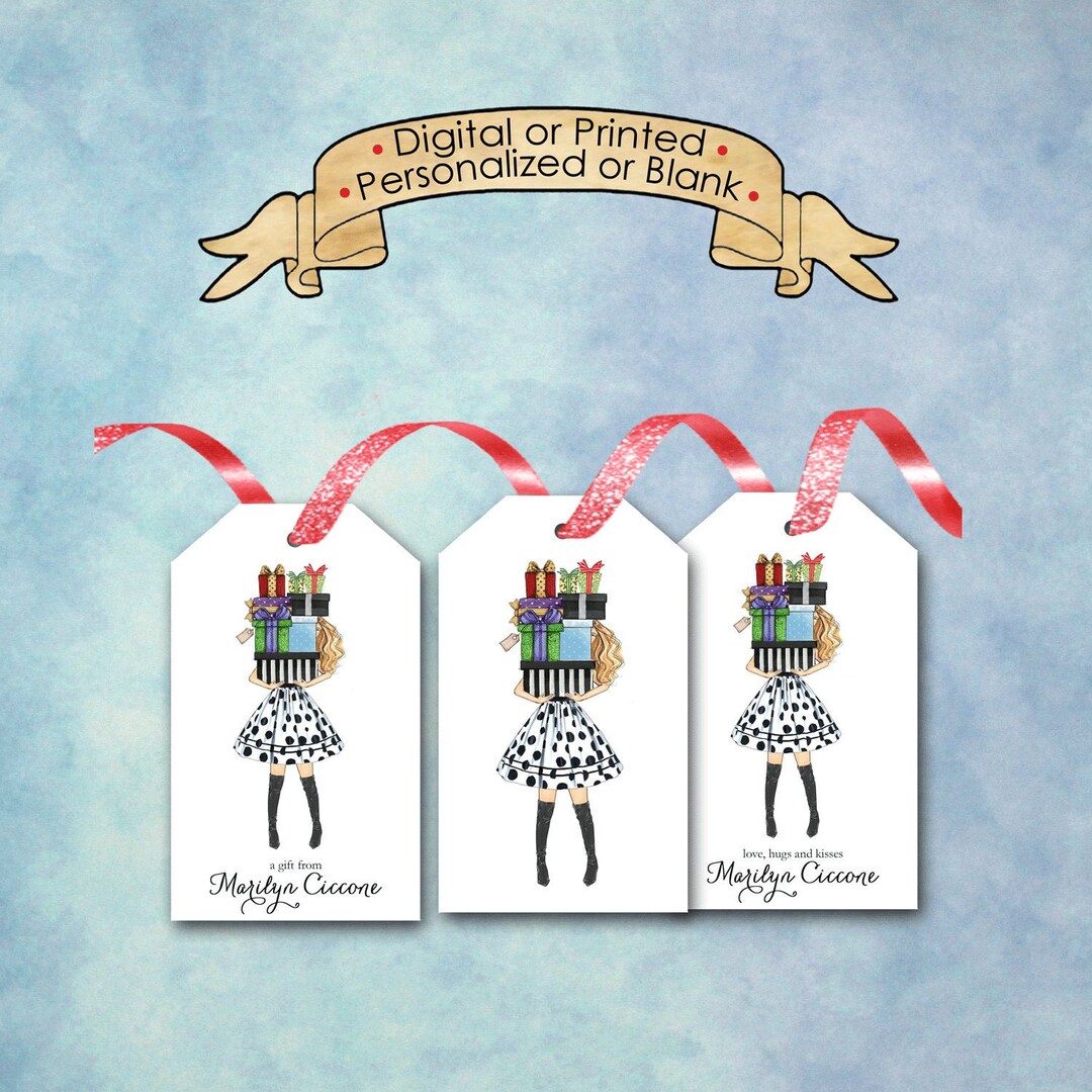 Personalized Gift Tag / Blonde Girl With Gift Boxes / Christmas, Xmas ...