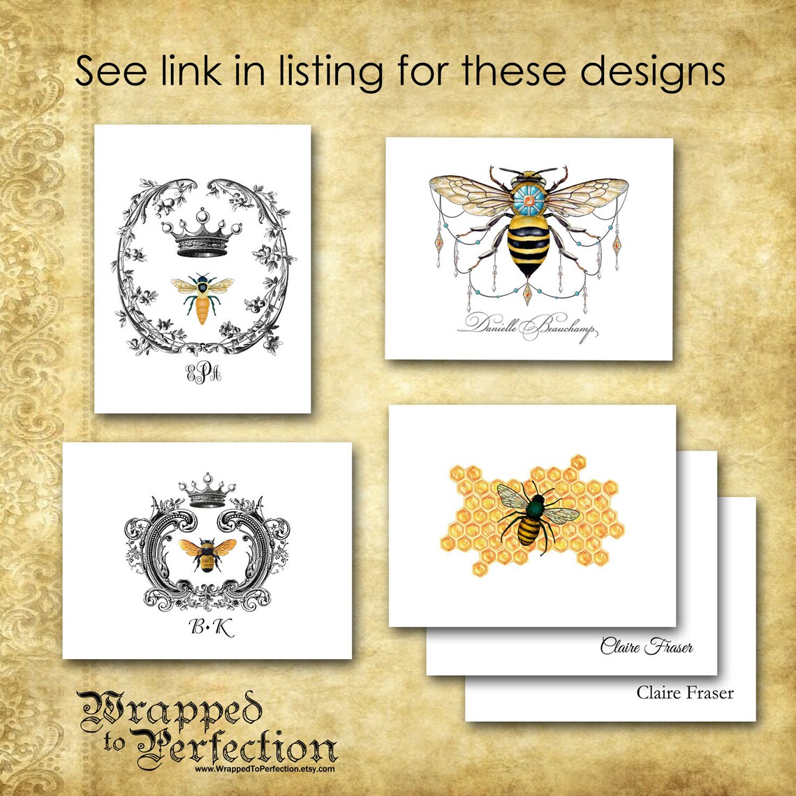 Napoleonic Bee Note Cards / Monogram / Queen Bee Crown Trellis - Etsy