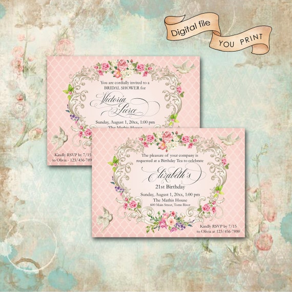 Victorian Invitation / Pink Roses Feminine Romantic Bridal | Etsy