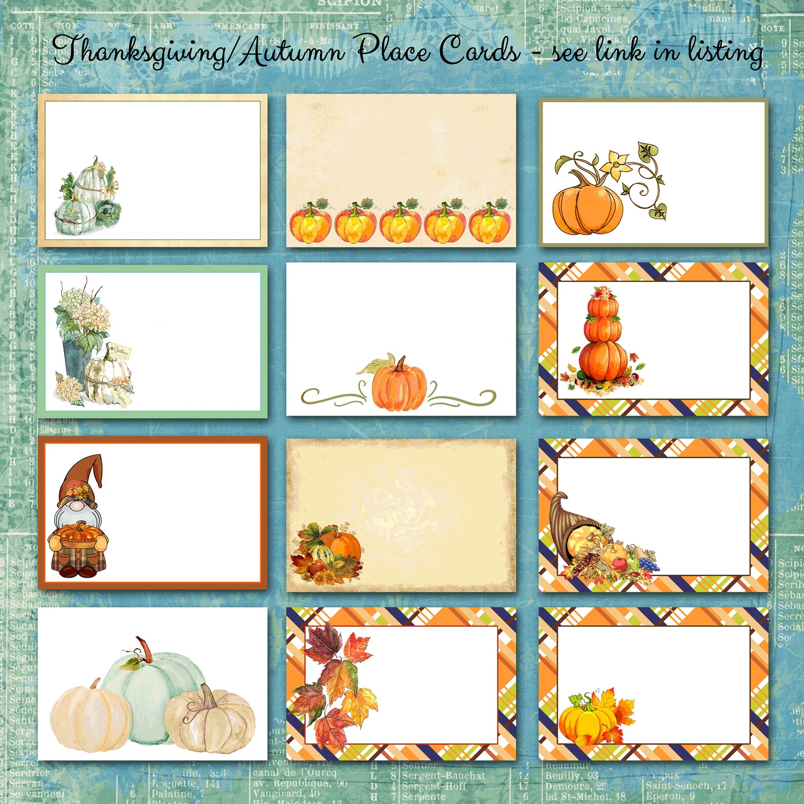 Thanksgiving Place Cards, Dinner Seating Cards, Pumpkins Autumn Fall ...