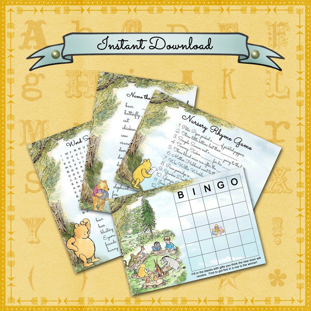 Winnie the Pooh Baby Shower Games: Bingo, Word Search (DIY Printable ...