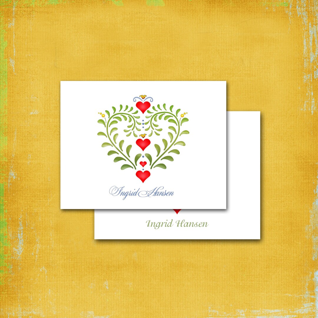 Rosemale Heart Note Cards, Set of 10, Personalized / Rosemaling, Red ...