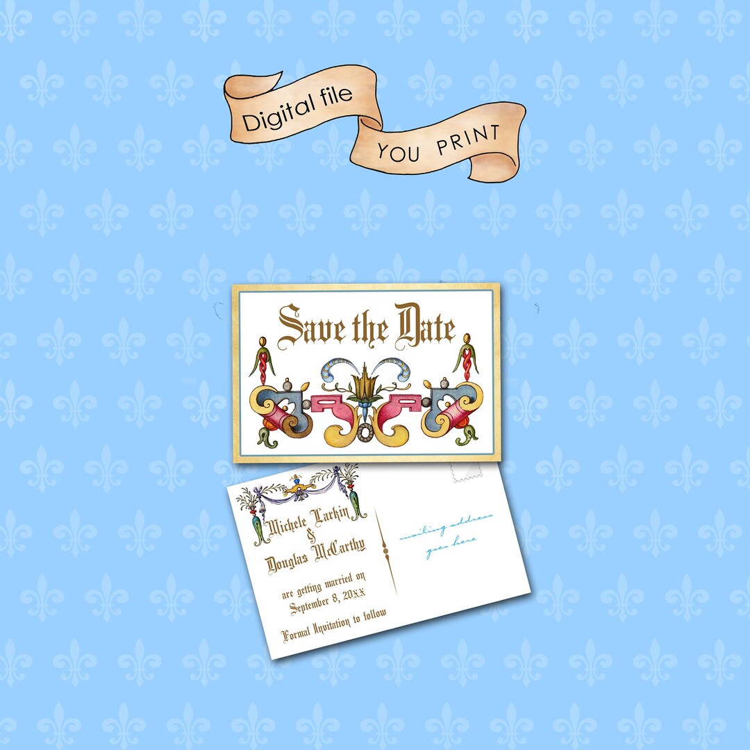 Medieval Save the Date Post Card, Illuminated Designs, 4x6 Personalized ...