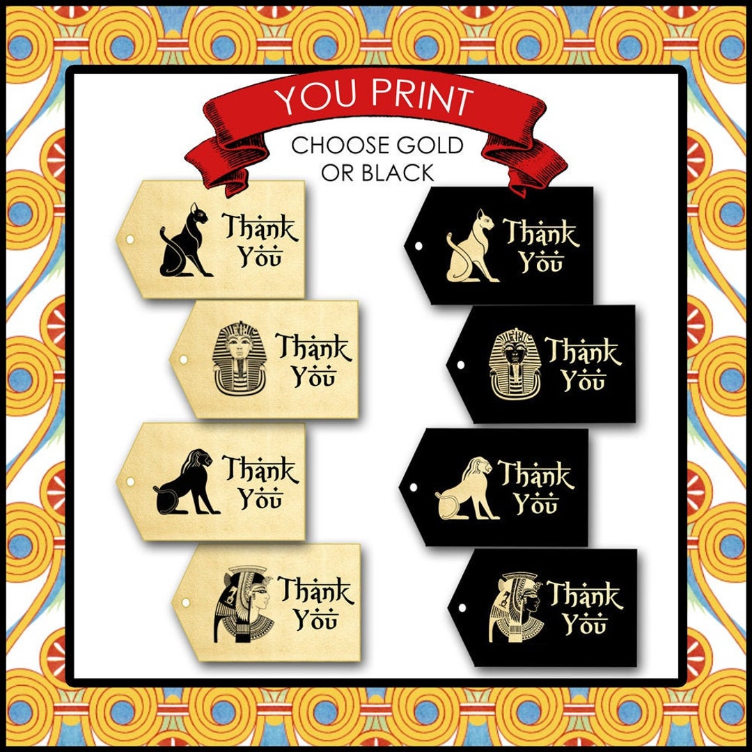 Egyptian Favor Tag / Black, Gold / King Tut, Cleopatra, Cat, Lion ...